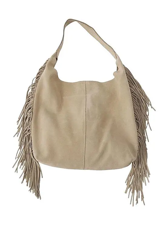 ELLE COLLECTION Suede Fringe Shoulder Bag - Sand