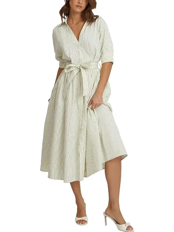 MISS CIRCLE NEW YORK Danica Poplin Striped Midi Shirt Dress - Green