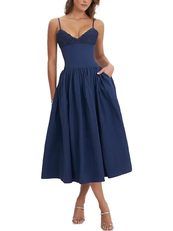 MISS CIRCLE NEW YORK Ailani Taffeta Smocked Midi Dress - Navy