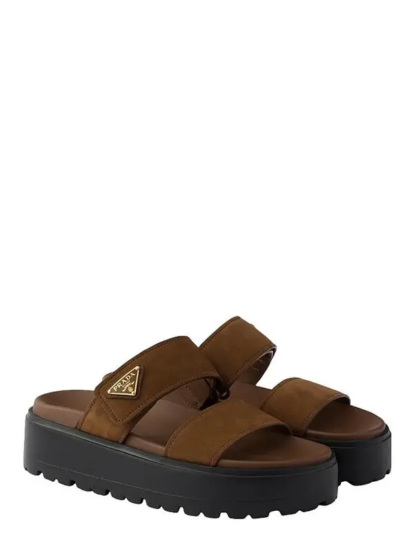 Prada Nubuck Platform Slides - Brown