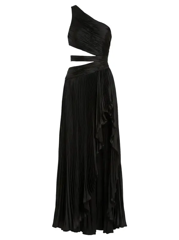 Mac Duggal One Shoulder Pleated Charmeuse Gown With Slit And Cut-outs - Black