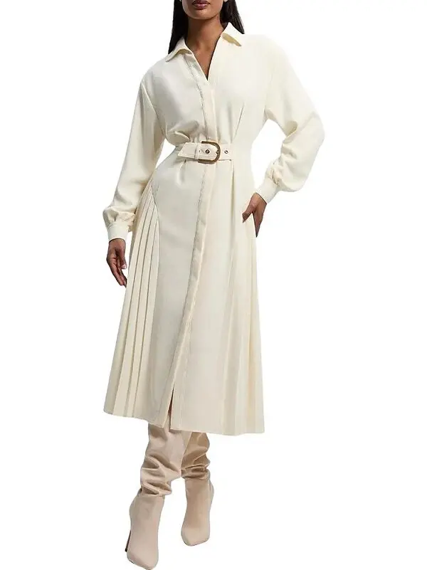 Karen Millen Tailored Crepe Belted Pleated Midi Dress - Ivory