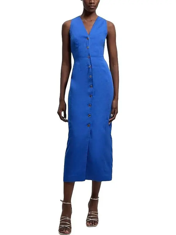 Karen Millen Tailored Linen Corset Back Midi Dress - Cobalt