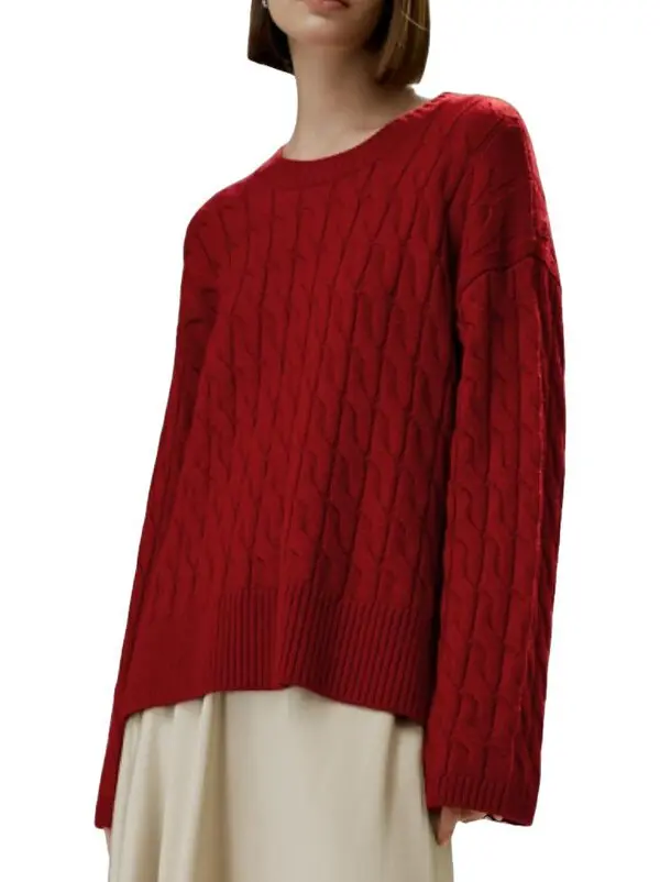 Lilysilk Ultrafine Merino Wool Cable Knit Crewneck Sweater - Red