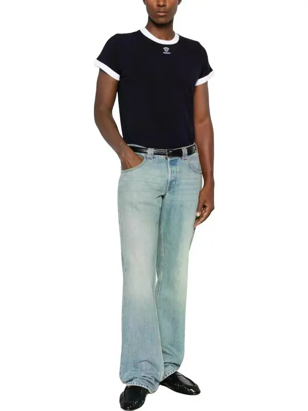 Versace Embroidered-logo Stretch Cotton-jersey Slim T-shirt - Blue