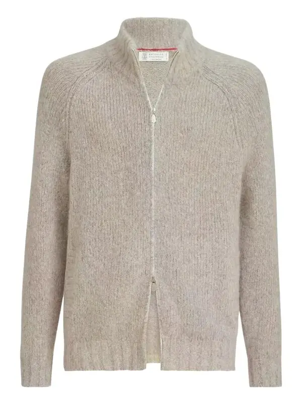 Brunello Cucinelli Cashmere And Silk High-neck Zipper Cardigan - Neutrals