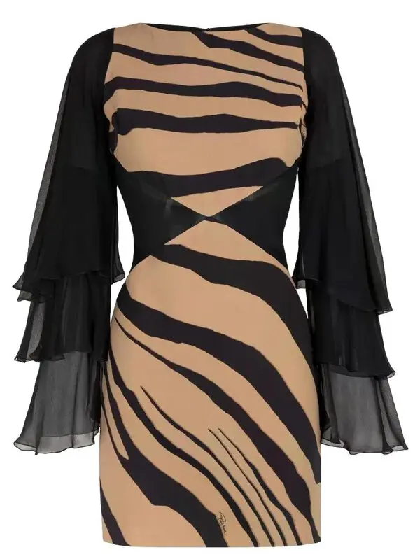 Roberto Cavalli Tiger Print Tiered Sleeve Dress - Black