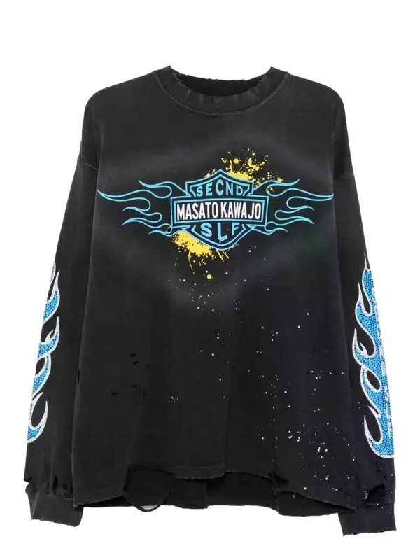 SECND SLF X Masato Kawaj Firestorm Distressed Long-sleeve Cotton T-shirt - Black