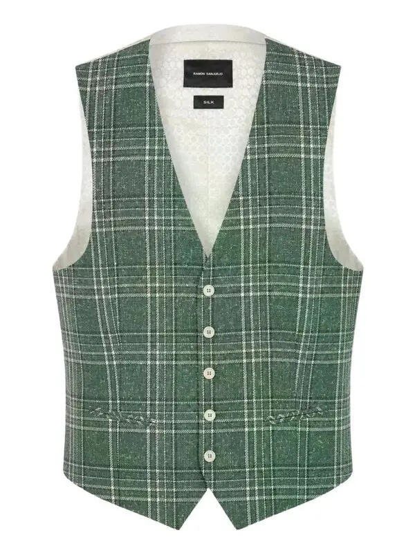 RAMON SANJURJO Check-pattern Silk Waistcoat - Green