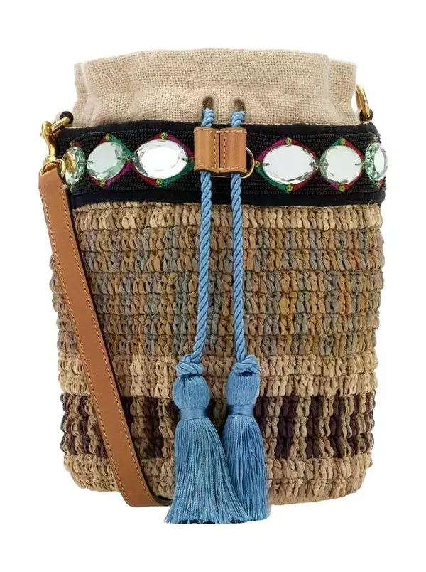 Valentino Garavani Vlogo Signature Embroidered Raffia Bucket Bag - Neutrals