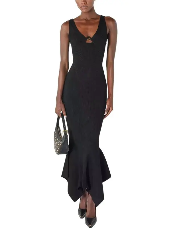 MARINE SERRE Ribbed Knit Maxi Dress With Crescent Moon Detail - Black