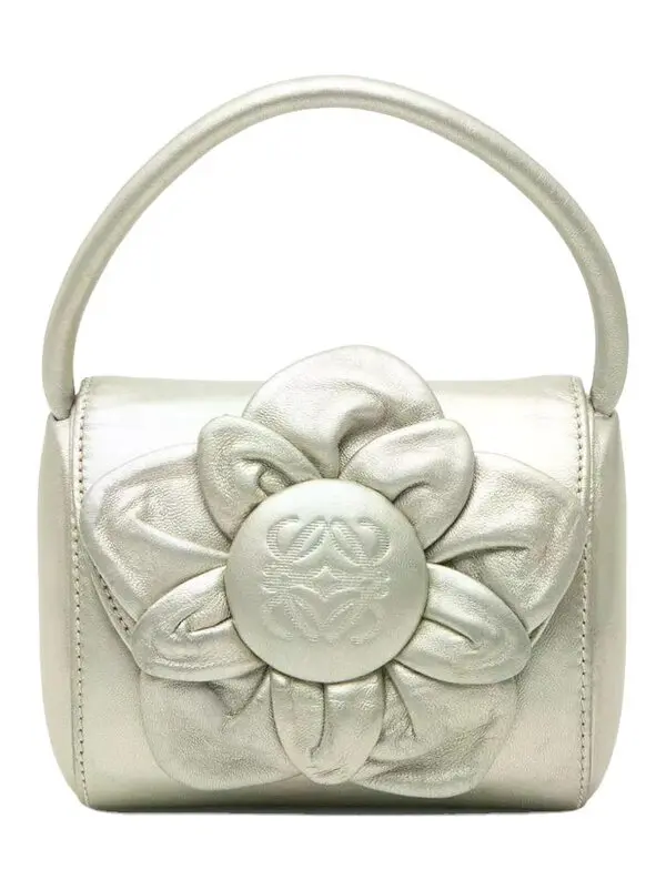 Loewe Metallic Leather Anagram Flower Handbag - Silver