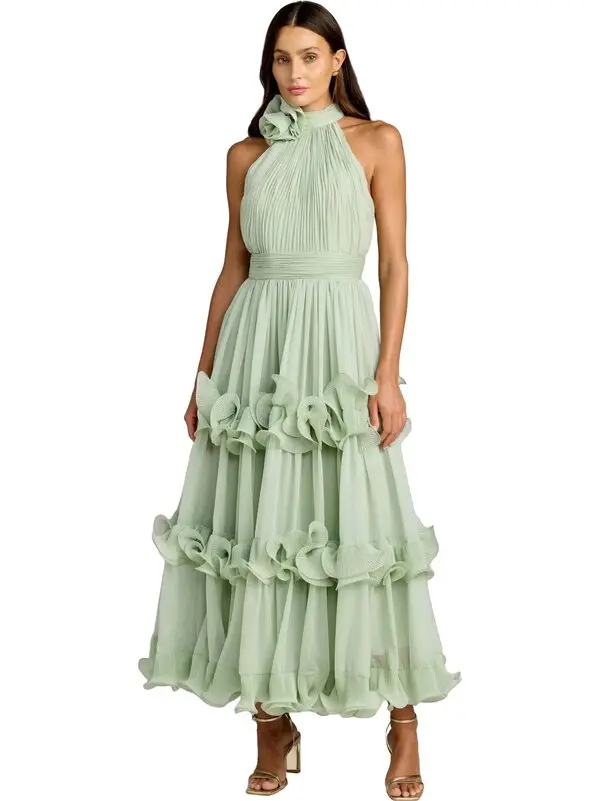 Mac Duggal Sleeveless Chiffon Halter Neck Midi Dress With Ruffle Tiers - Jade