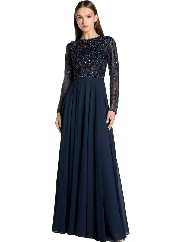 Mac Duggal Embellished Long Sleeve Gown With Chiffon Skirt - Midnight