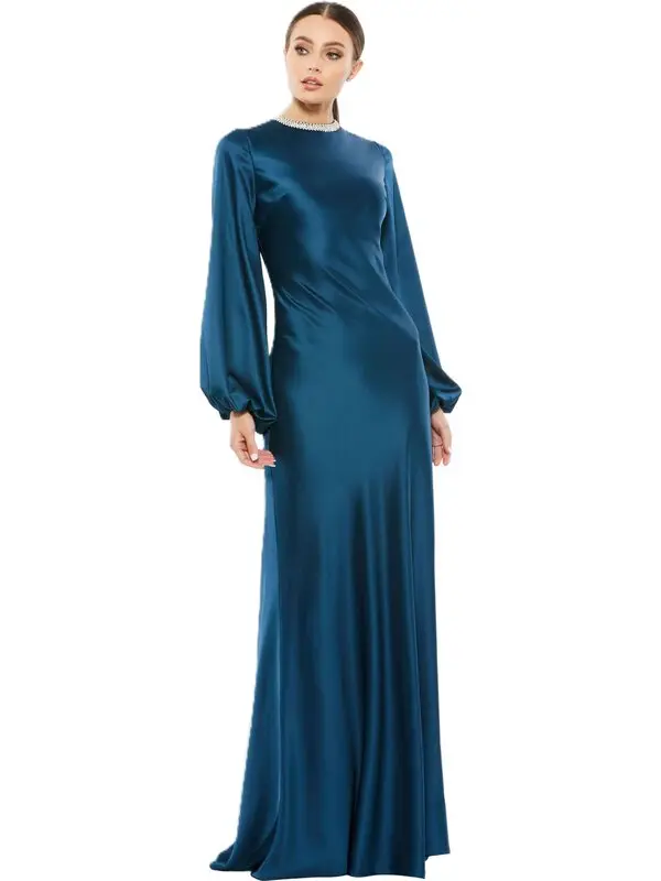 Mac Duggal Petite Beaded High Neck Bishop Sleeve Satin Gown - Blue