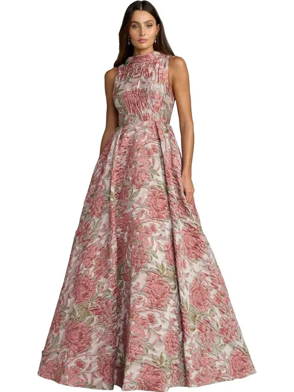 Mac Duggal Sleeveless Floral Brocade V-back Ball Gown - Rose Multi