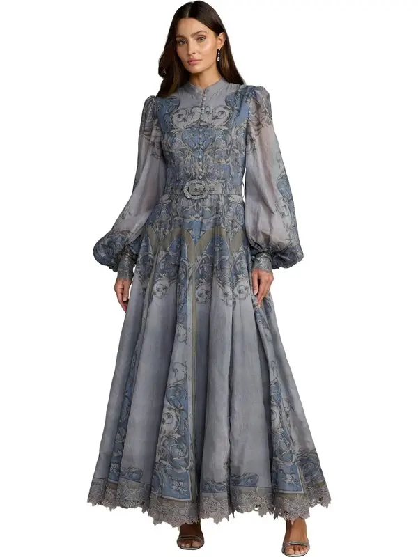 Mac Duggal Printed Bishop Sleeve Maxi Dress - Gray