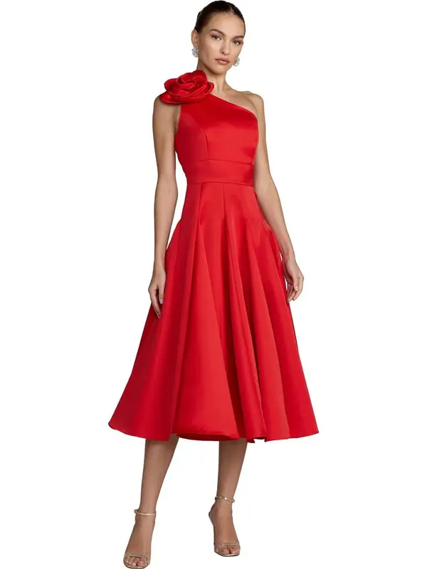 Mac Duggal One Shoulder Satin Midi Dress With 3d Flower Detail - Red