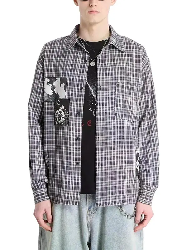 WASTED Check-print Patch-detail Shirt - Black