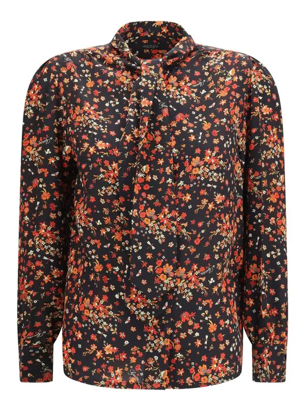 Gucci Silk Flora Print Shirt With Neck Bow - Multicolour