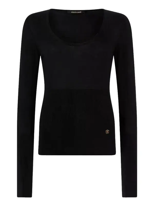 Roberto Cavalli Scoop Neck Ribbed Knit Sweater - Black