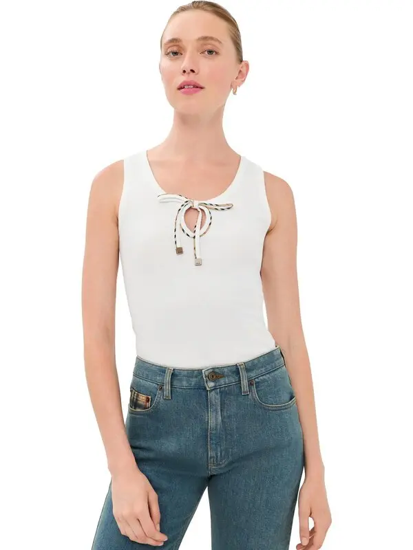 Burberry Tierra Ribbed Cotton Tank Top With Neckline Tie Detail - Chalk