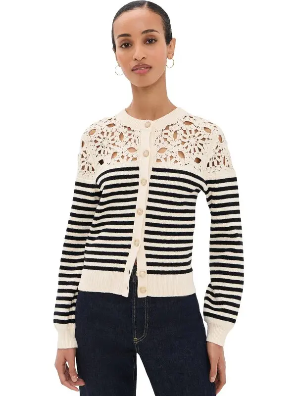 FRAME Coastal Stripe Cardigan With Floral Crochet Lace Detail - Cream Multi