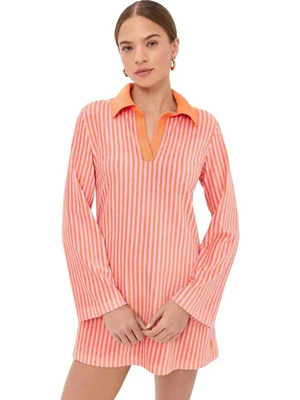 Simkhai Jessy Tunic Dress Striped Terry Cloth Collared Mini Dress With Bell Sleeves - Papaya Multi