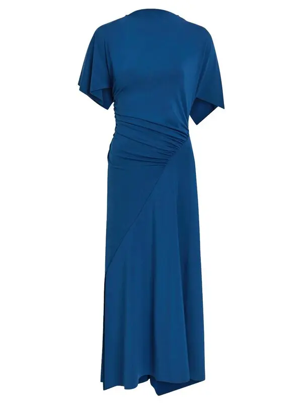Victoria Beckham Asymmetric Ruched Stretch-jersey Midi Dress - Dark Blue