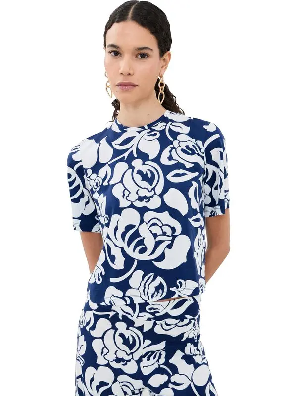 DE LORETA Dakota Floral Print Crewneck Short Sleeve Top - Flora Navy