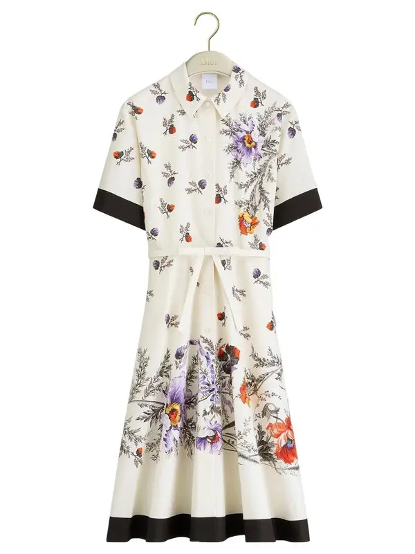 Dior Mid-length Shirtdress With Floral Print And Bow Belt - White
