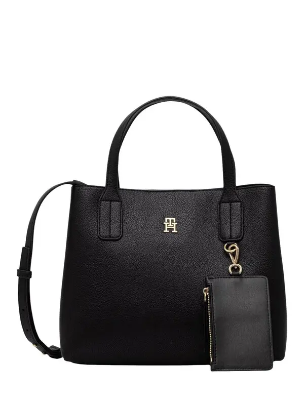 Tommy Hilfiger Logo Plaque Textured Satchel Bag - Black