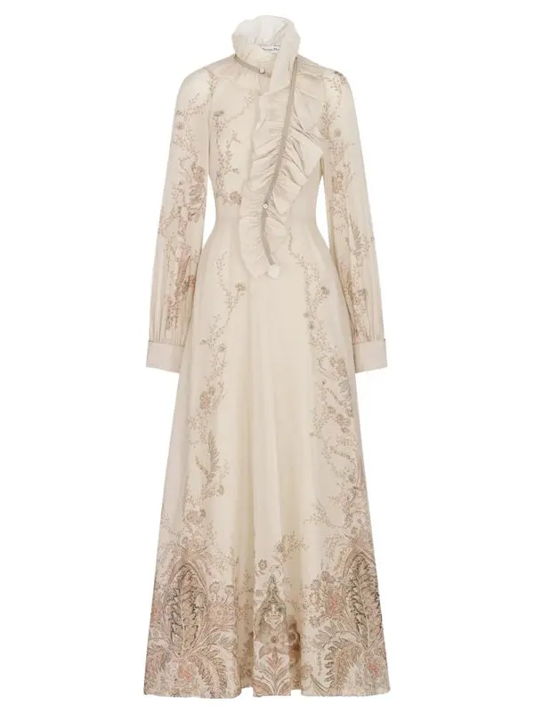 Dior Paisley Motif Long Dress With Removable Ruched Collar - Beige