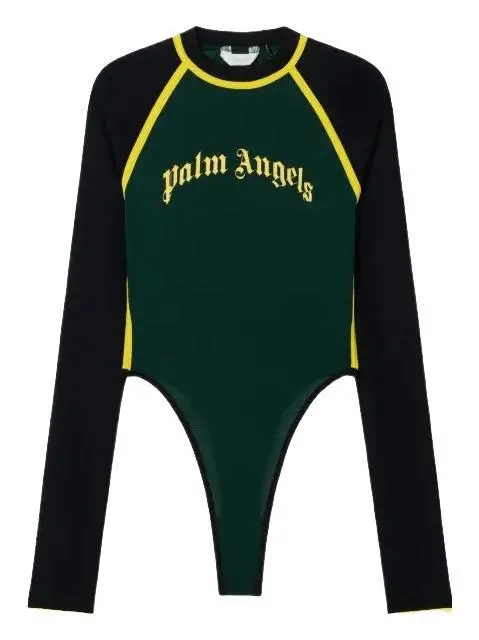 Palm Angels Long Sleeve Bodysuit With Curved Logo - Black
