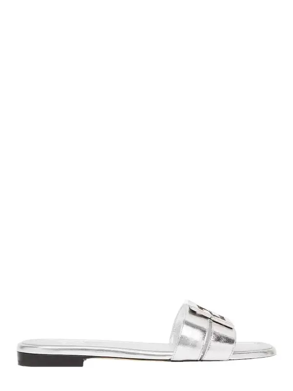 Fendi Ff Logo Plaque Metallic Nappa Leather Sandals - Silver