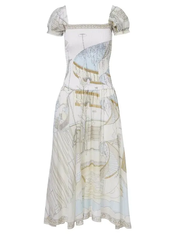 Tory Burch Printed Shirred Silk And Cotton Midi Dress - Beige