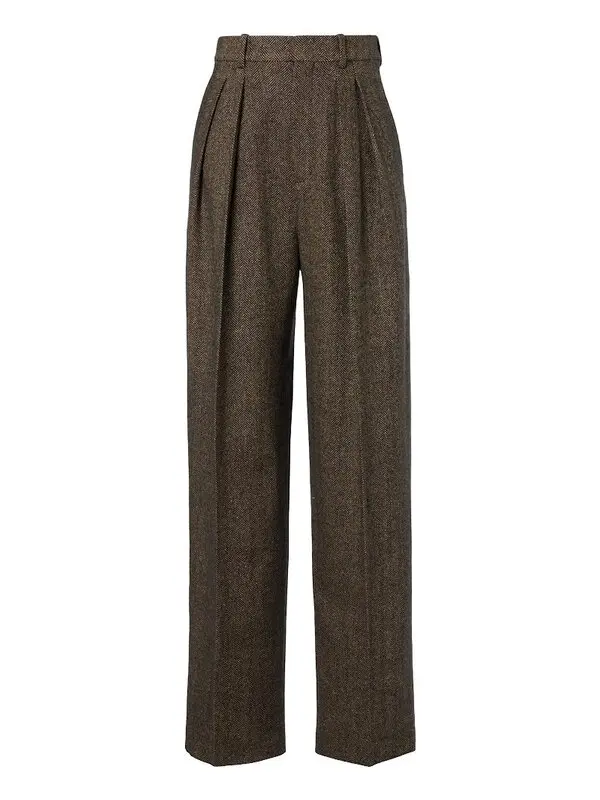Saint Laurent Herringbone Wool-blend Wide-leg Trousers - Brown