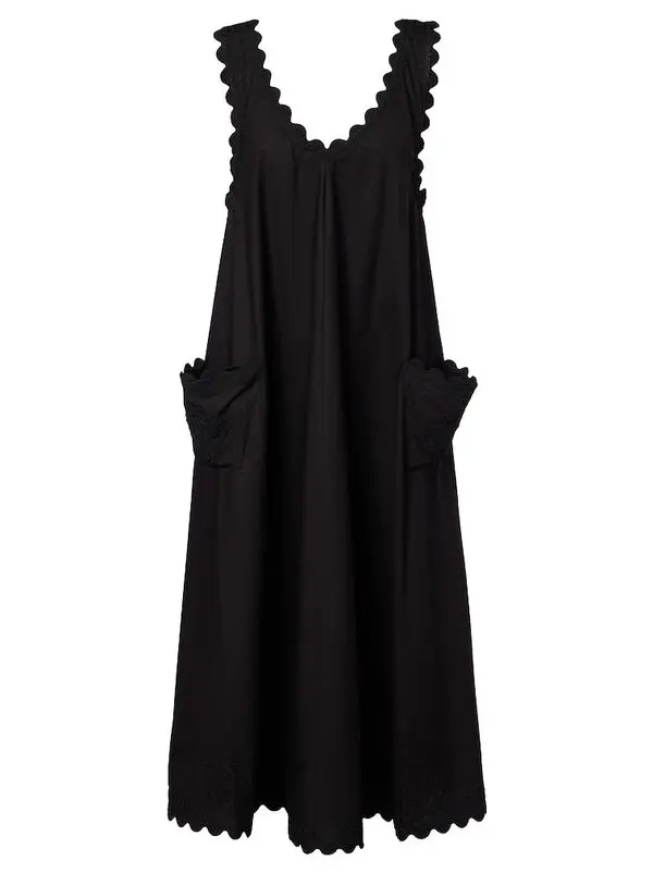 JULIET DUNN Embroidered Scalloped Cotton Poplin Midi Dress - Black