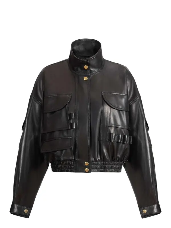 Balmain Lambskin Leather Cropped Bomber Jacket - Black