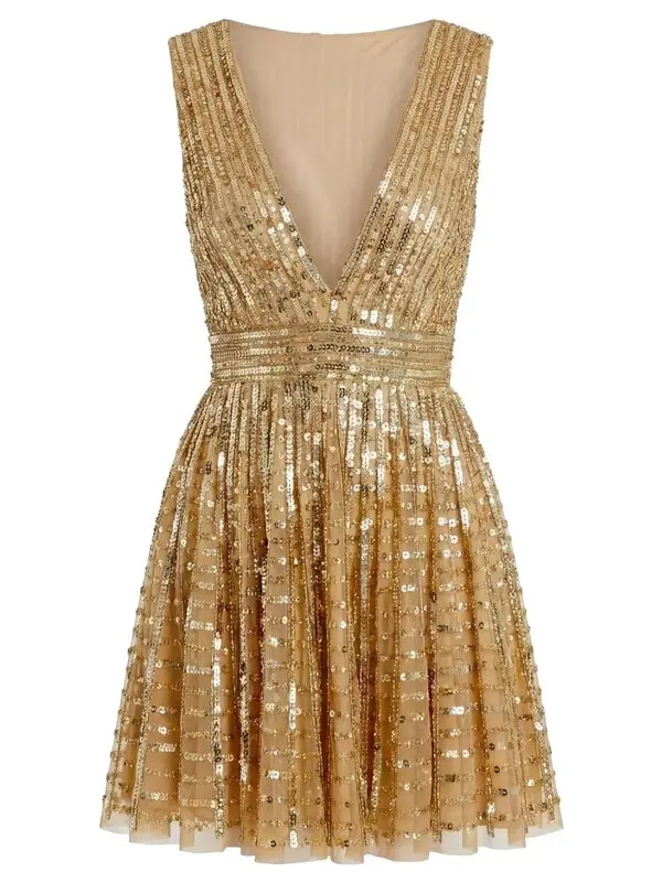 Mac Duggal Sleeveless Embellished V-neck Mini Dress - Gold