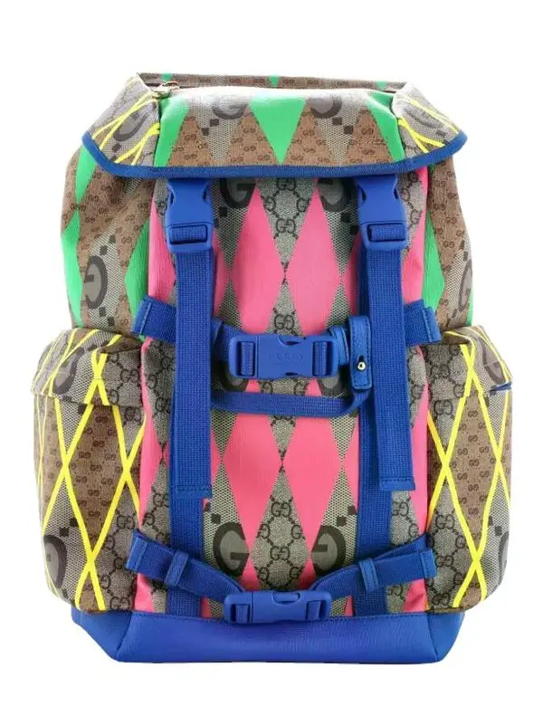 Gucci Double Pocket Buckle Rhombus Gg Coated Canvas With Leather Backpack - Brown