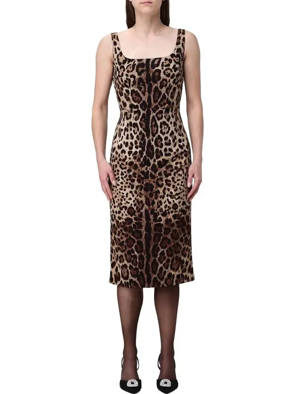 Dolce & Gabbana Animal Print Silk Midi Sheath Dress - Brown