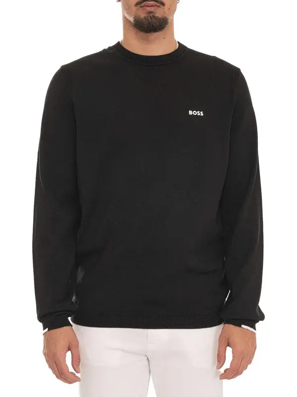 BOSS Slim Fit Cotton Crewneck Jumper With Embroidered Logo - Black