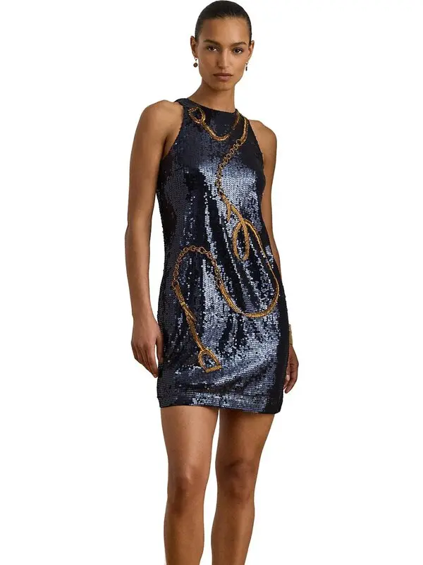 Ralph Lauren Embellished Sequined Chain Motif Mini Dress - Navy Multi