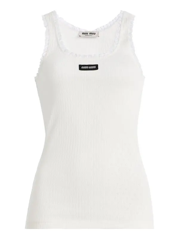 Miu Miu Pointelle Knit Cotton Tank Top With Lace Trim - White