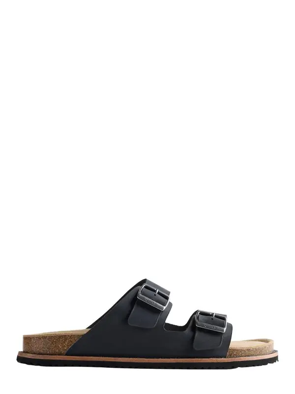 Quince Nubuck Leather Double Buckle Slide Sandals - Black