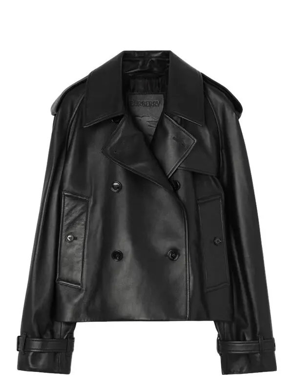 Burberry Cropped Leather Double-breasted Trench Jacket - Black