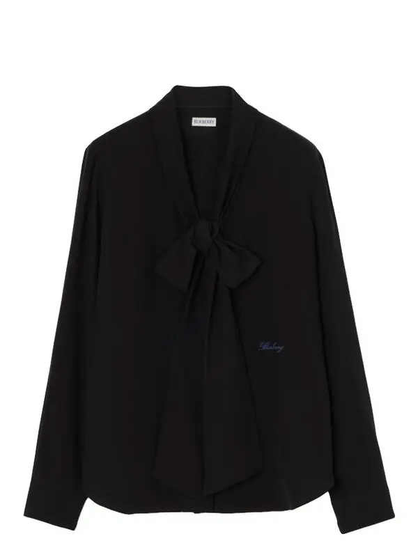 Burberry Silk Crepe De Chine Scarf Blouse - Black
