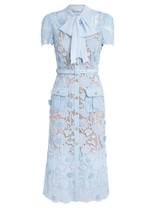 SELF-PORTRAIT Lace Tie-neck Midi Dress - Blue