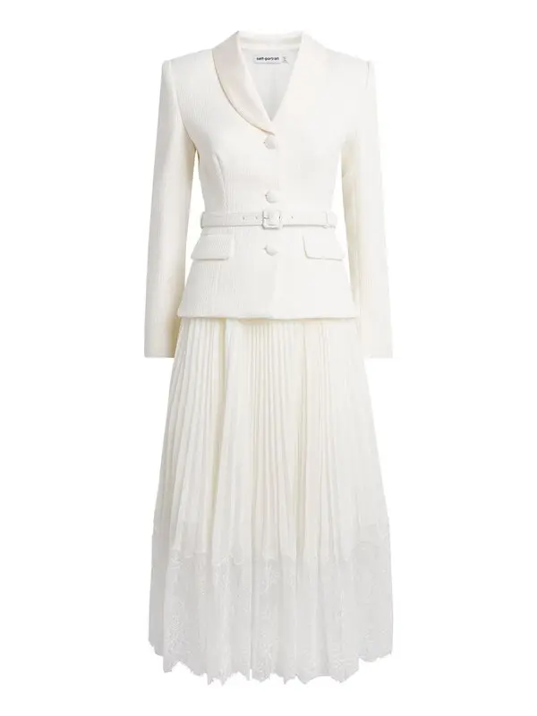 SELF-PORTRAIT Bouclé Midi Dress With Pleated Skirt And Lace Trim - Ivory